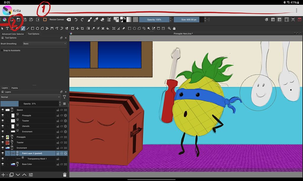 Krita for Android. Change the Menu bar for a Dropdown menu button in ...