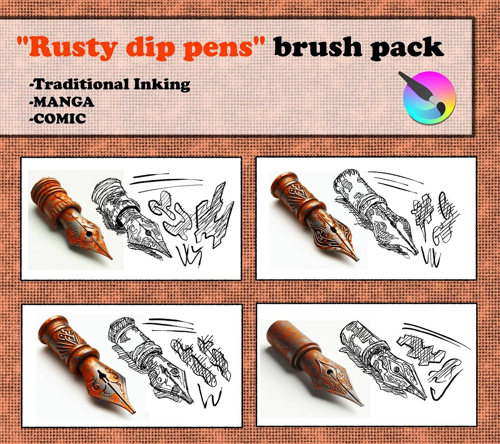 Brush set : Rusty Dip pens - traditional inking Simulation for manga ...