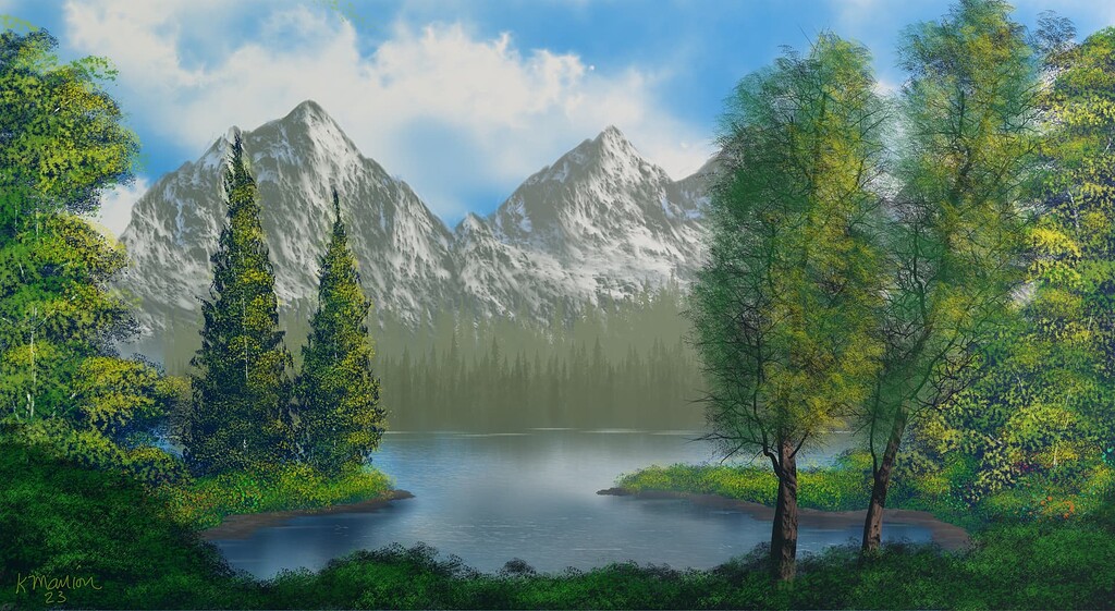First try at Bob Ross style following 'A Peaceful Place' demo ...