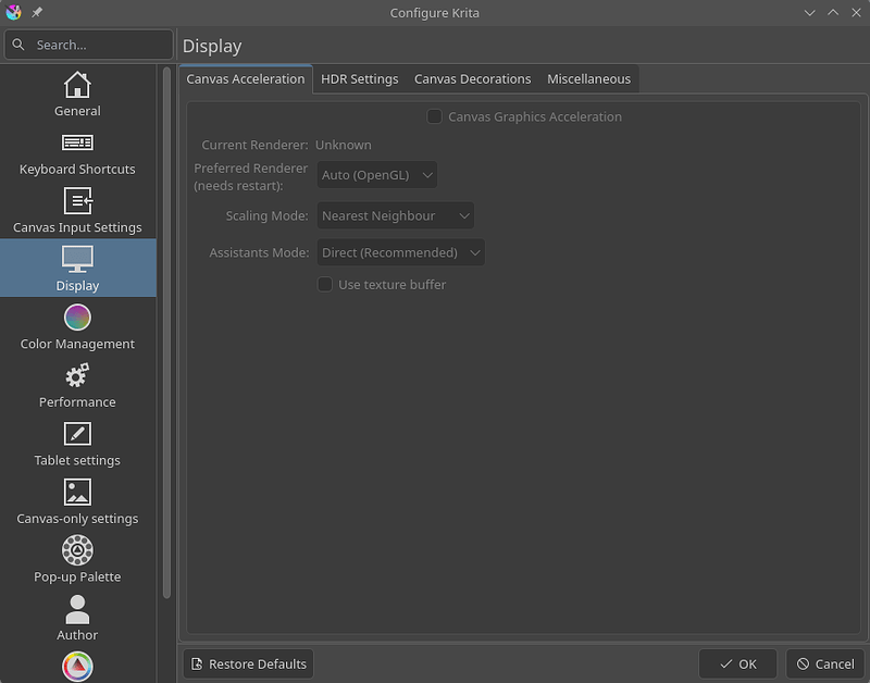 Can't turn Canvas Graphics Acceleration On in Krita 6.0.1 - General ...