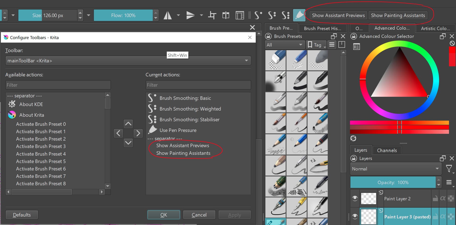 Icons for "Show Assistant Previews" and "Show Painting Assistants ...